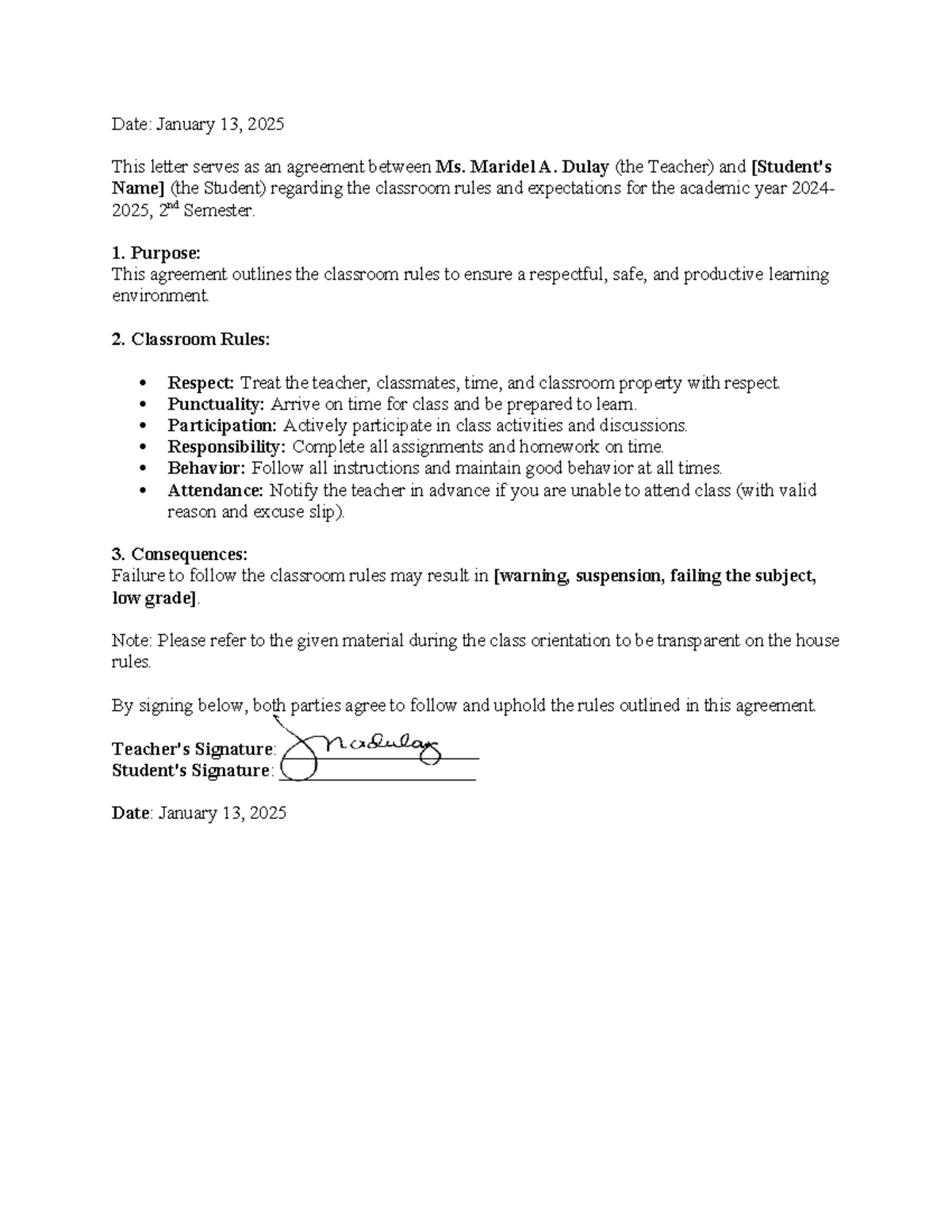 Classroom Rules Agreement Letter for Academic Year 2024-2025 - Studocu