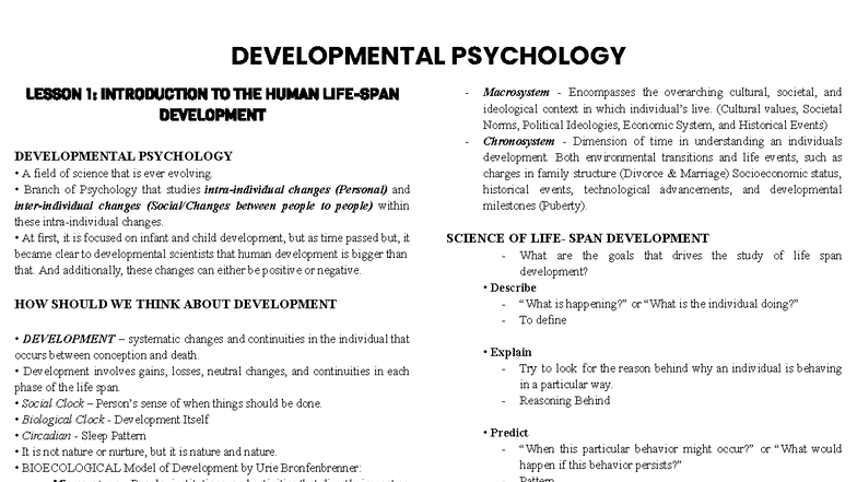 DEVELOPMENTAL PSYCHOLOGY LESSON 1: INTRO TO HUMAN DEVELOPMENT - Studocu