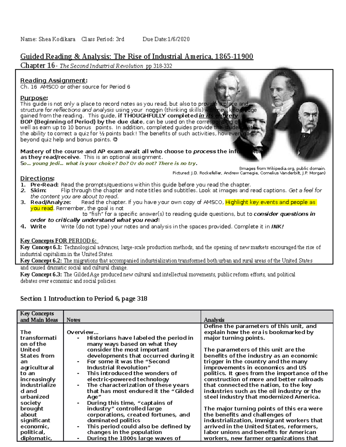 RG Guided Reading & Analysis: The Rise of Industrial America (1865-1900 ...
