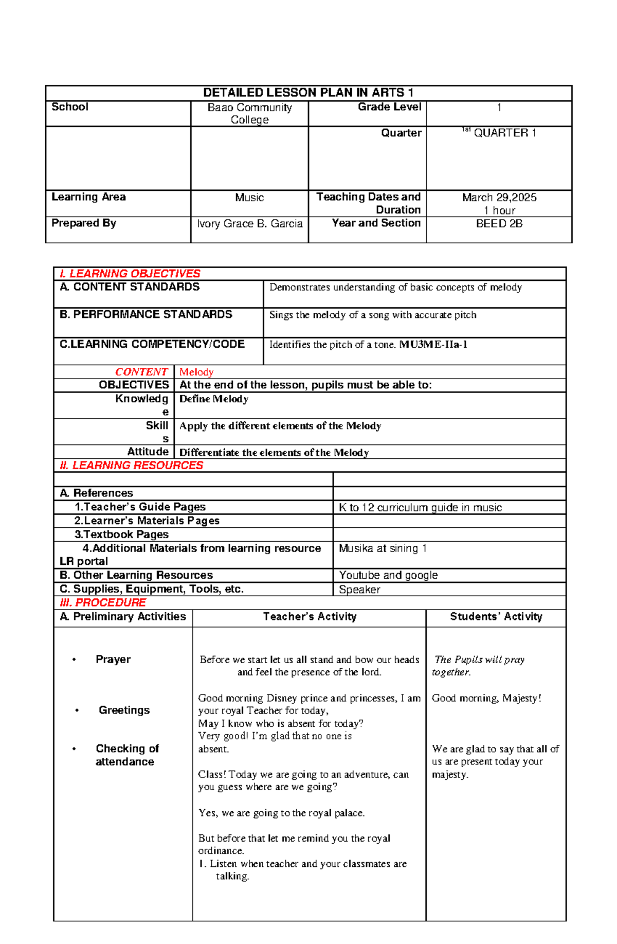 Detailed Lesson Plan in Arts 1: Music for Grade 1 (1st Quarter) - Studocu