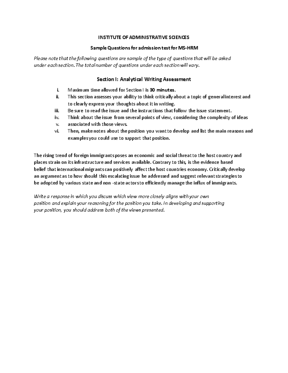 IASSample Admission Test for MSHRM: Questions & Guidelines - Studocu