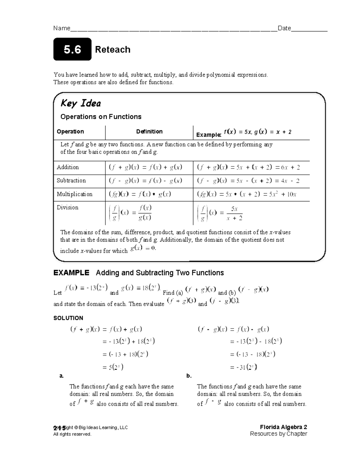 Algebra 2: Chapter 5.6 Reteach on Operations with Functions - Studocu