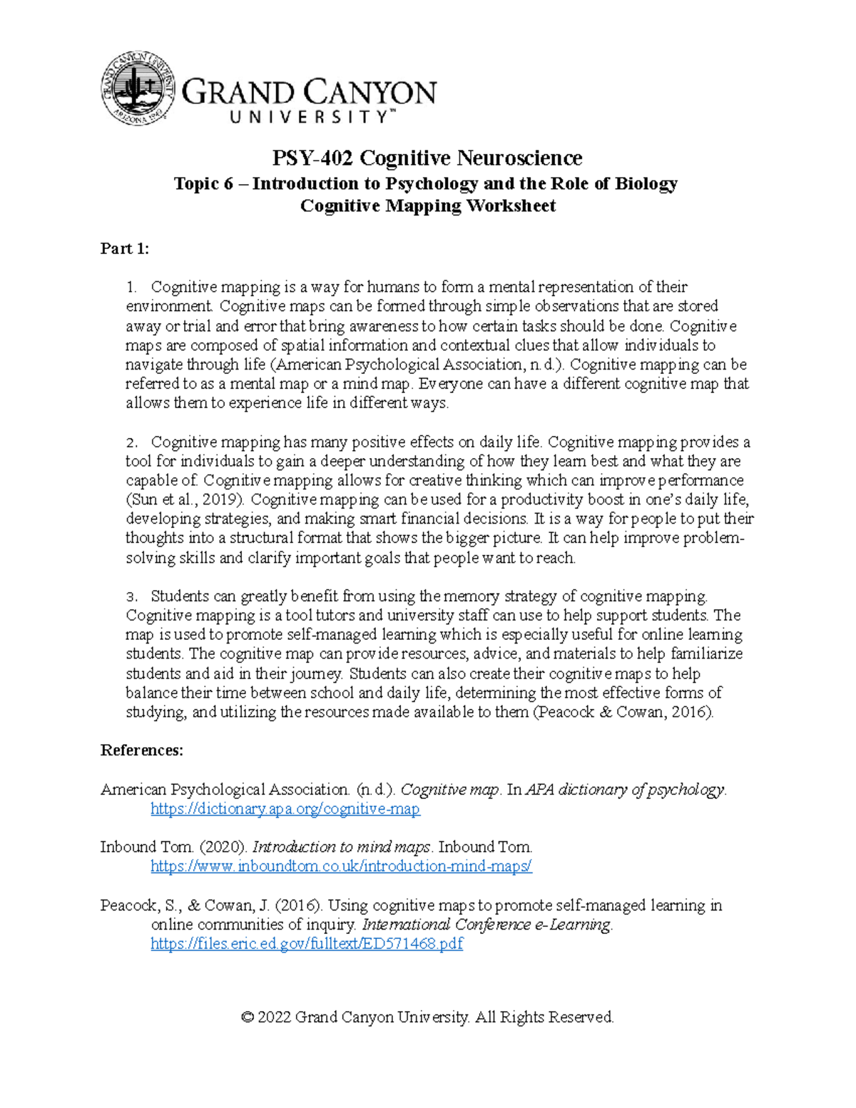 PSY 402 RS Cognitive Mapping Worksheet - PSY-402 Cognitive Neuroscience ...
