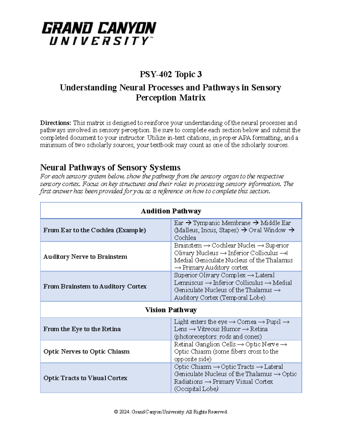 PSY 402 T3: Neural Processes & Pathways in Sensory Perception Matrix - Studocu
