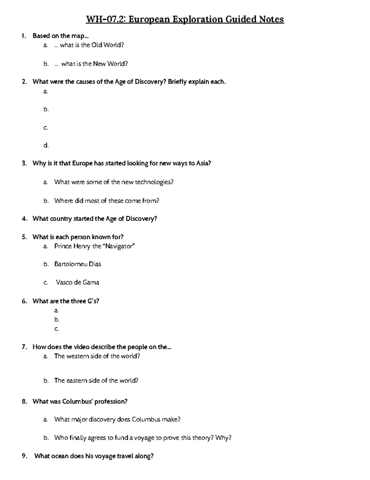 WH-07.2 European Exploration Guided Notes: Age of Discovery Insights ...