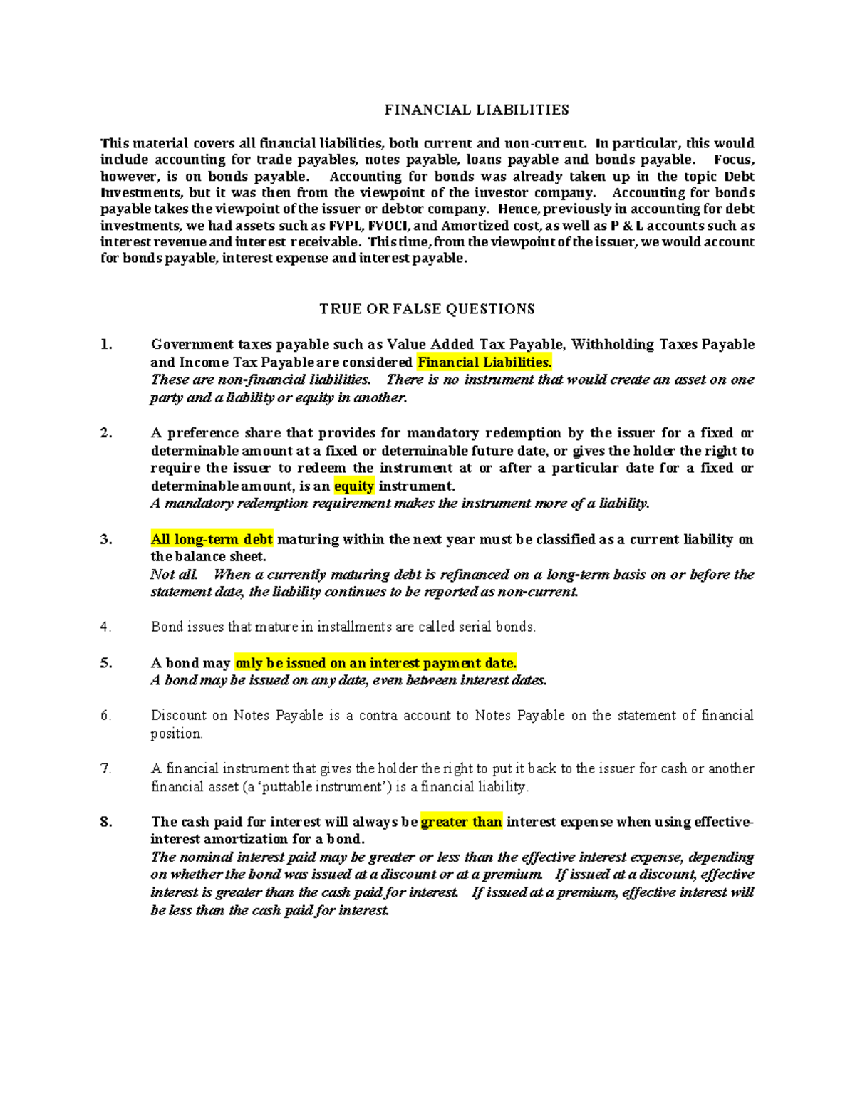FIN 101: Financial Liabilities Overview and True/False Questions - Studocu