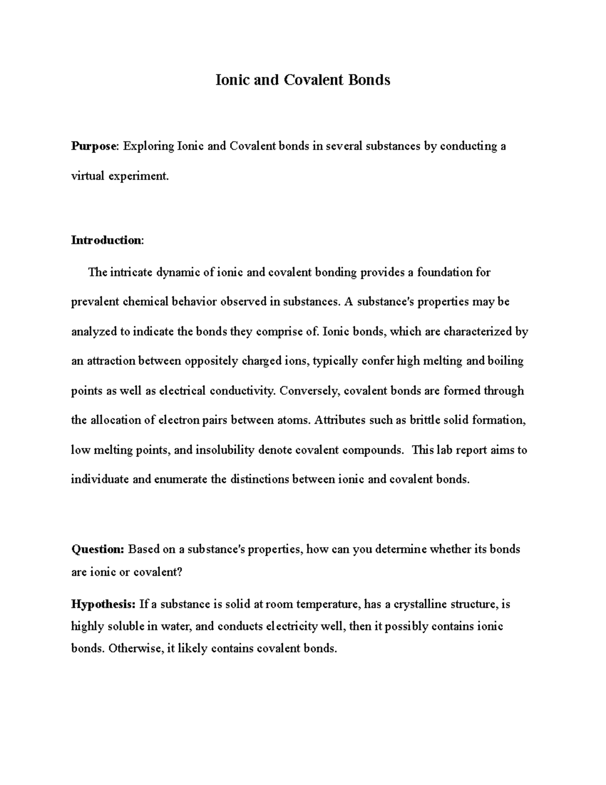 Lab Report: Exploring Ionic and Covalent Bonds in Virtual Experiment ...