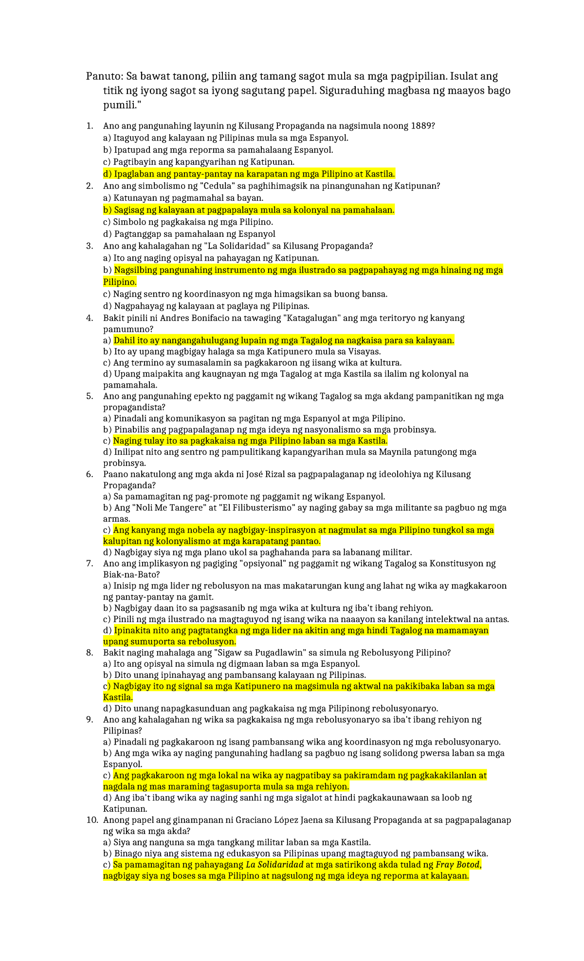 Midterm exam answer key - Panuto: Sa bawat tanong, piliin ang tamang ...