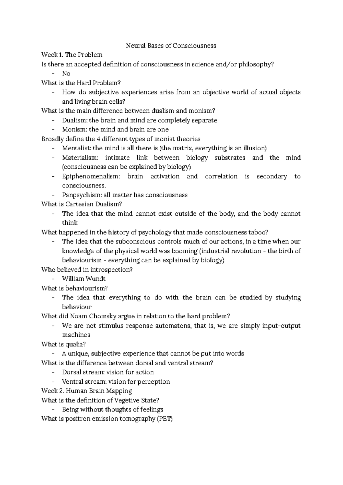 Neural Bases of Consciousness: Week 1-11 Overview and Key Concepts ...