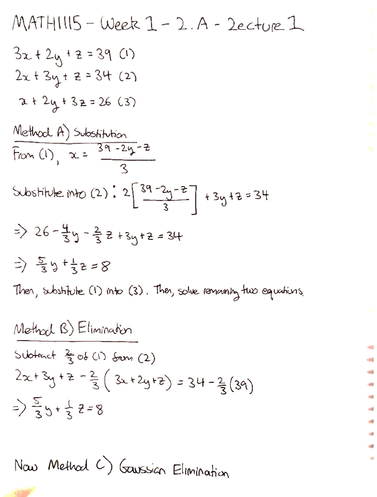 Week 1 - L.A - Lecture 1: Methods of Solving Linear Equations - Studocu