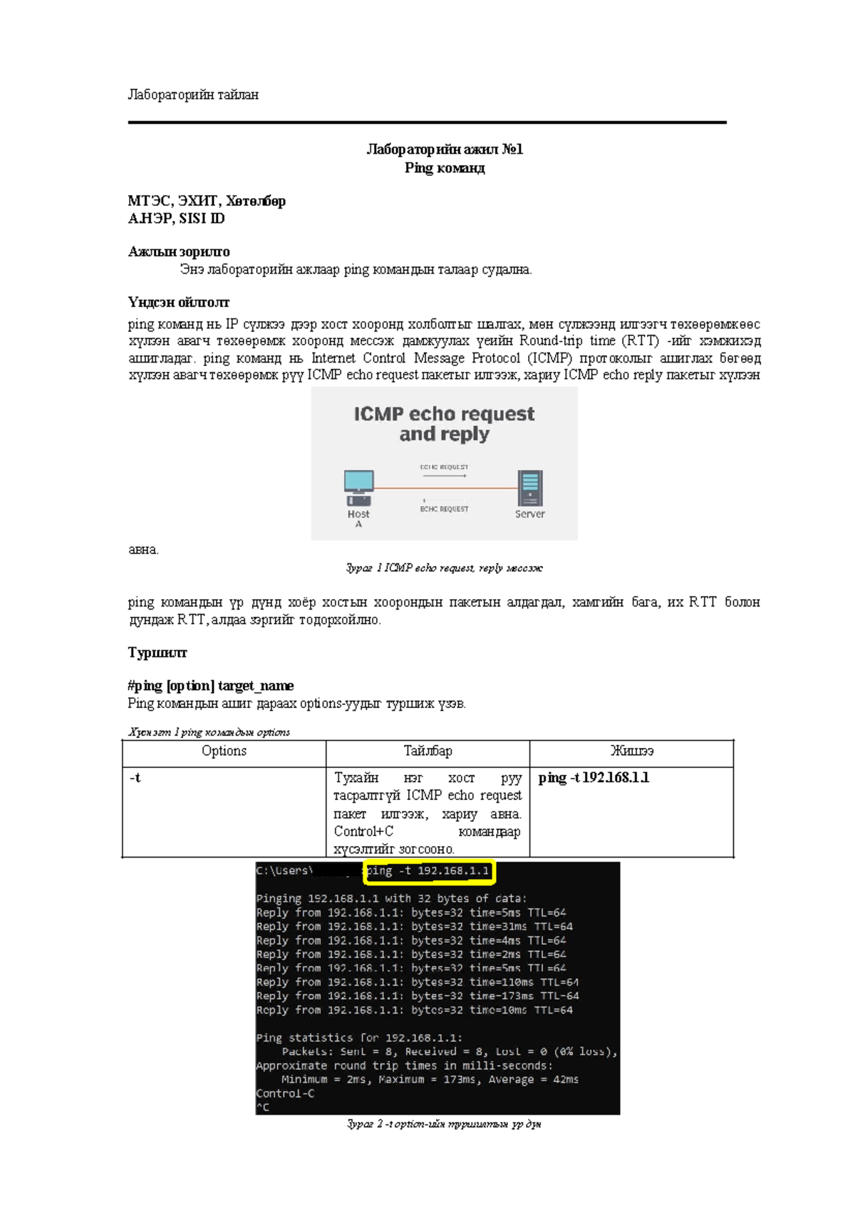 Лабораторийн тайлан: Ping командын судалгаа МТЭС, ЭХИТ - Studocu