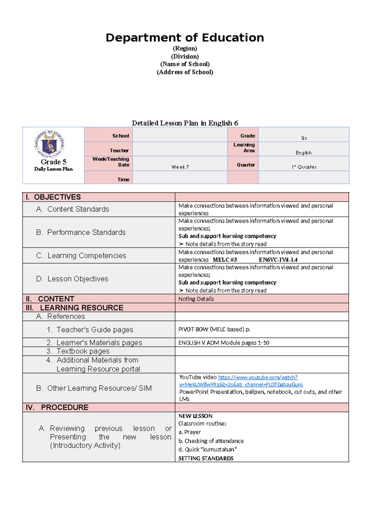 DLP COT1 ENG 6 - Detailed Lesson Plan for Noting Details in English ...