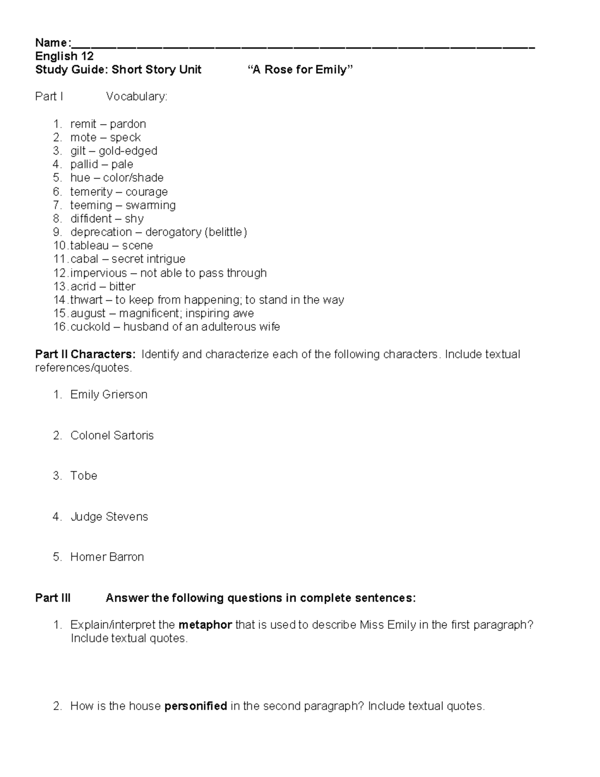 English 12 - A Rose for Emily: Comprehensive Study Guide - Studocu