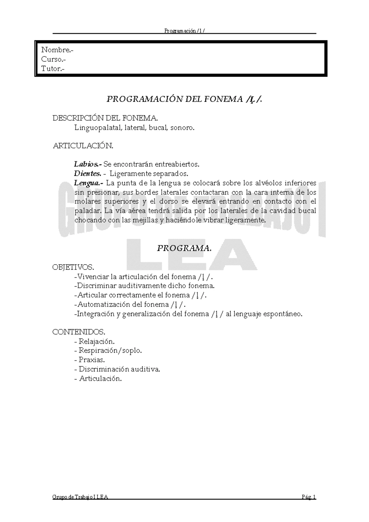 Programación del Fonema /k/ - Articulación y Ejercicios Prácticos - Studocu