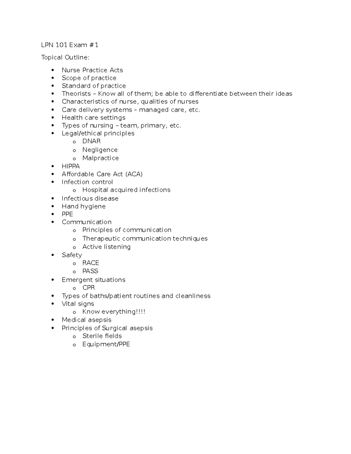 LPN 101 Final Exam 1 Topical Outline: Key Nursing Concepts - Studocu