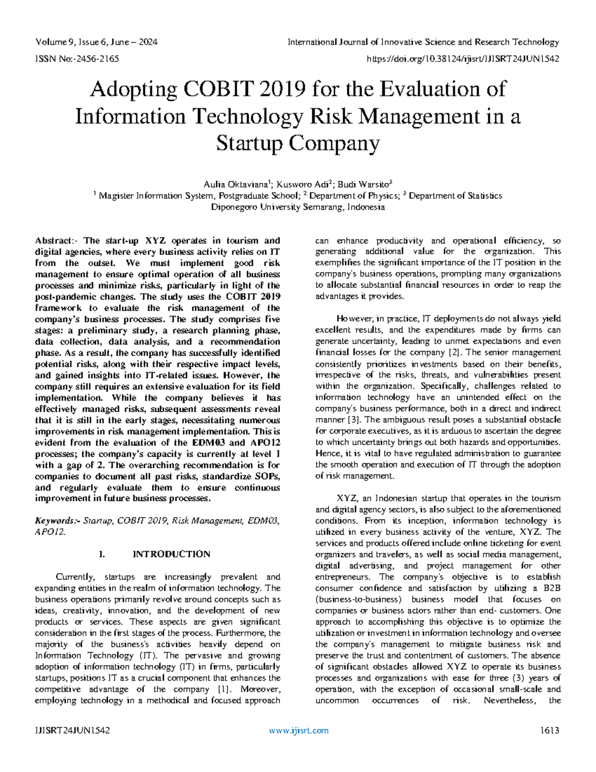 Adopting COBIT 2019 for IT Risk Management in Startup Companies - Studocu
