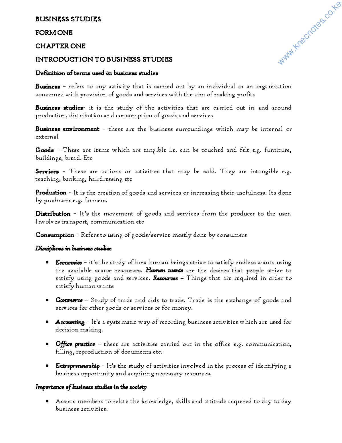 Business Studies F1 notes - BUSINESS STUDIES FORM ONE CHAPTER ONE ...