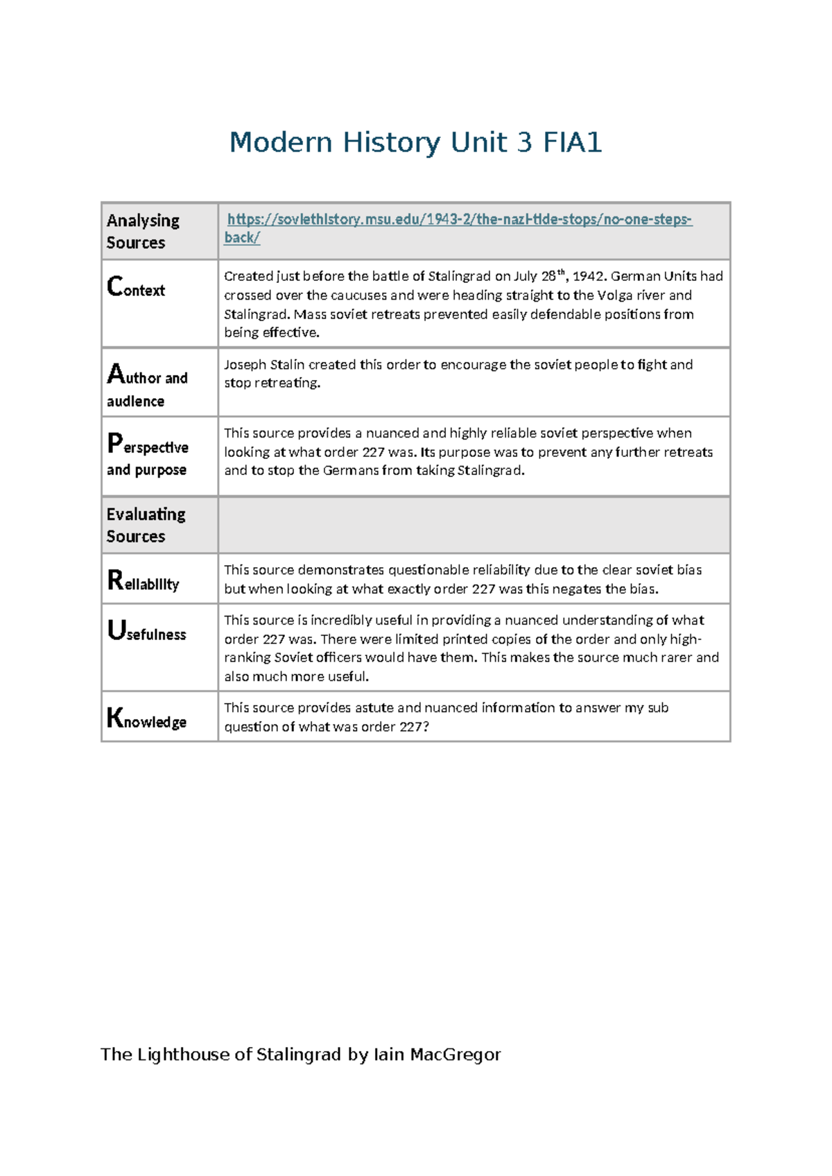 Modern History Unit 3 FIA1: Analyzing Order 227 and the Battle of ...