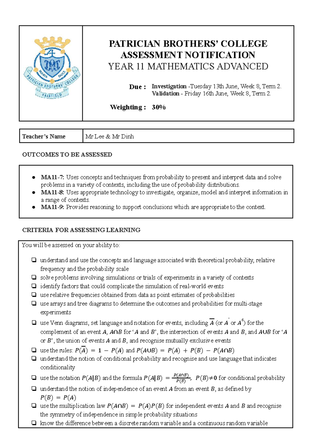Year 11 Mathematics Advanced Assessment Notification: Investigation ...
