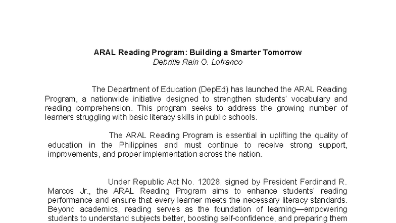 ARAL-Reading-Program: Enhancing Literacy for a Brighter Future - Studocu