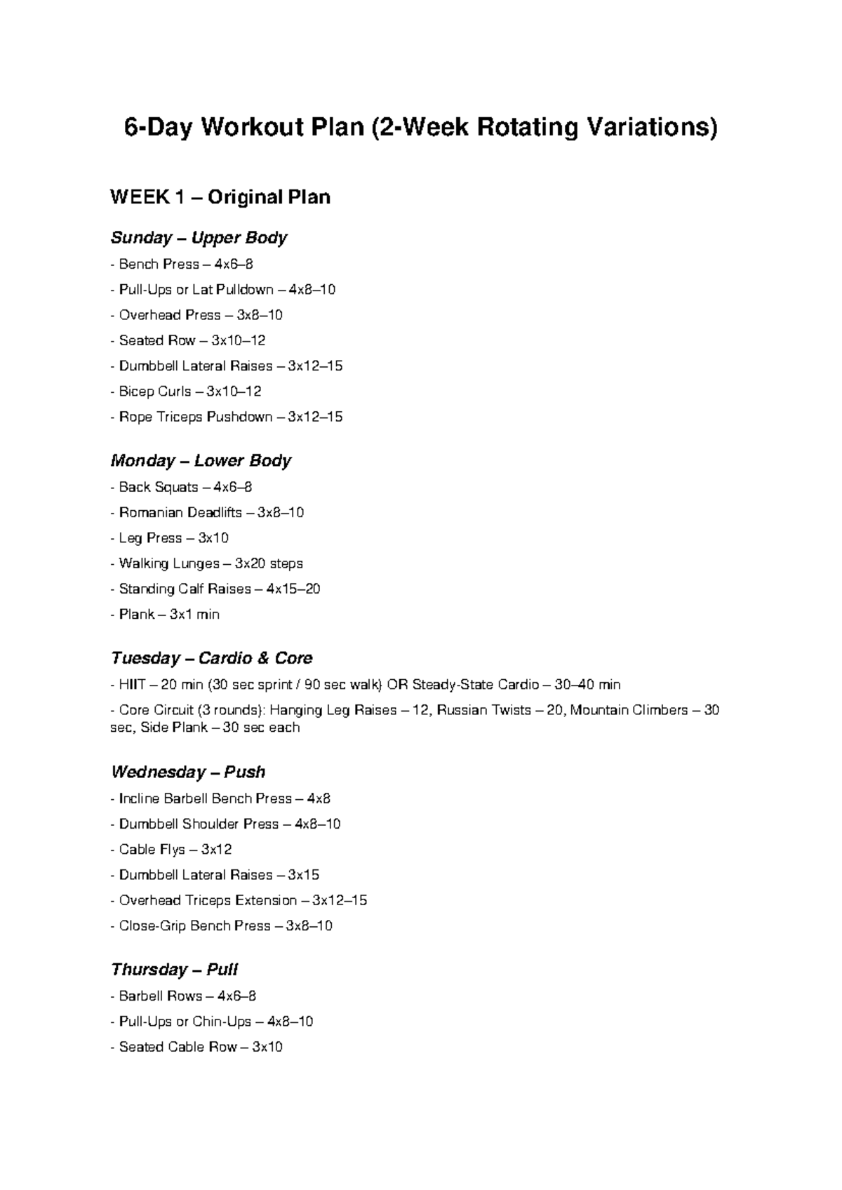 Workout Plan (WEEK 1) - Rotating Variations for Strength & Cardio - Studocu