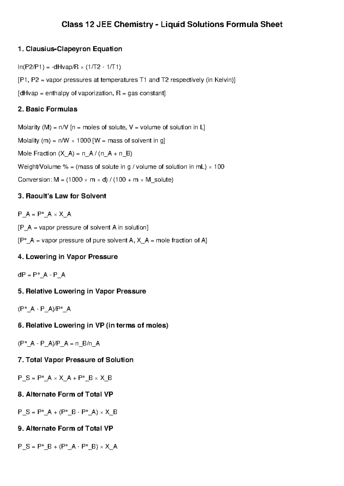 Class 12 JEE Chemistry Liquid Solutions Formula Sheet - Studocu