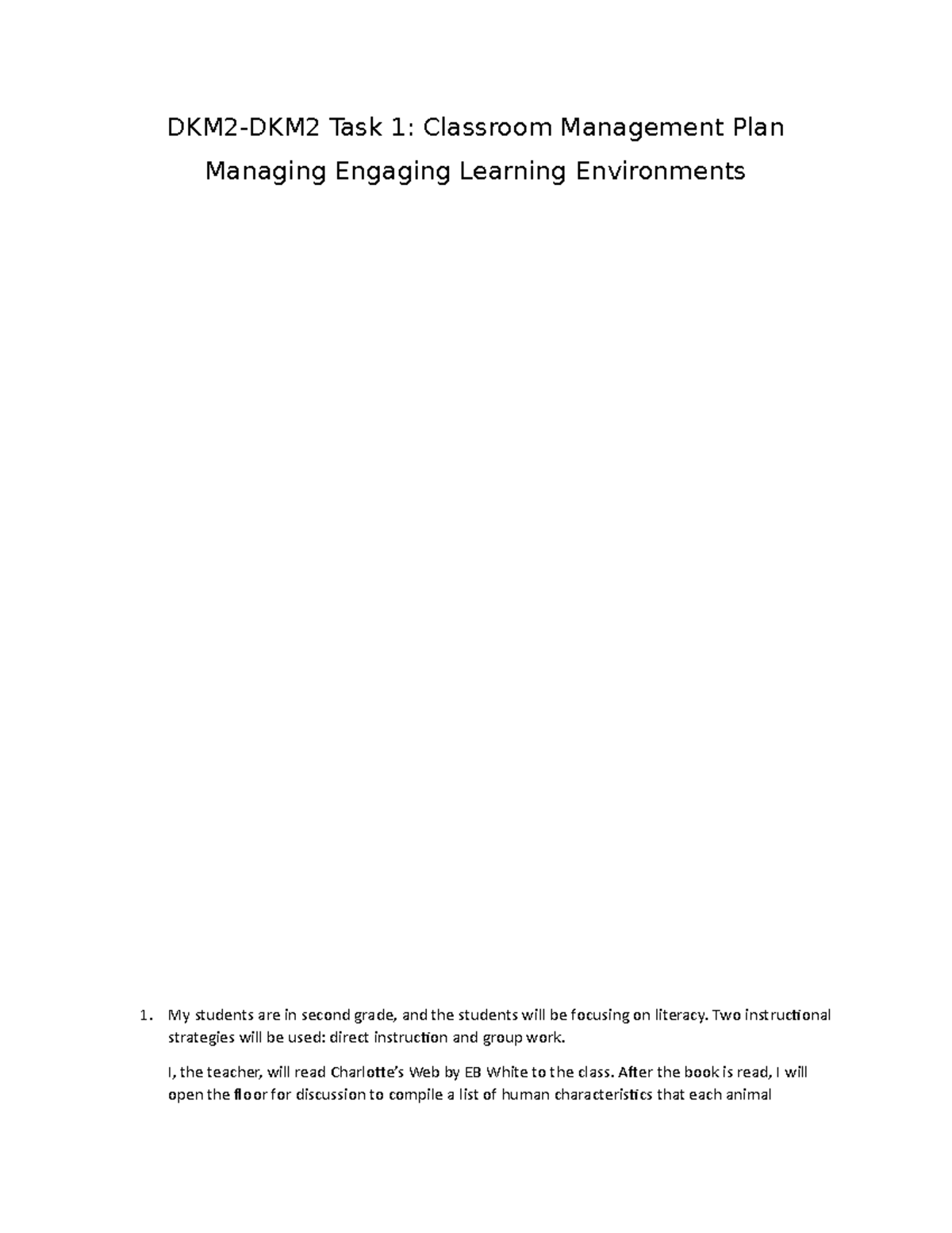 D095 Managing Engaging Learning Environments Task 1 Classroom Management Plan - DKM2-DKM2 Task 1 ...