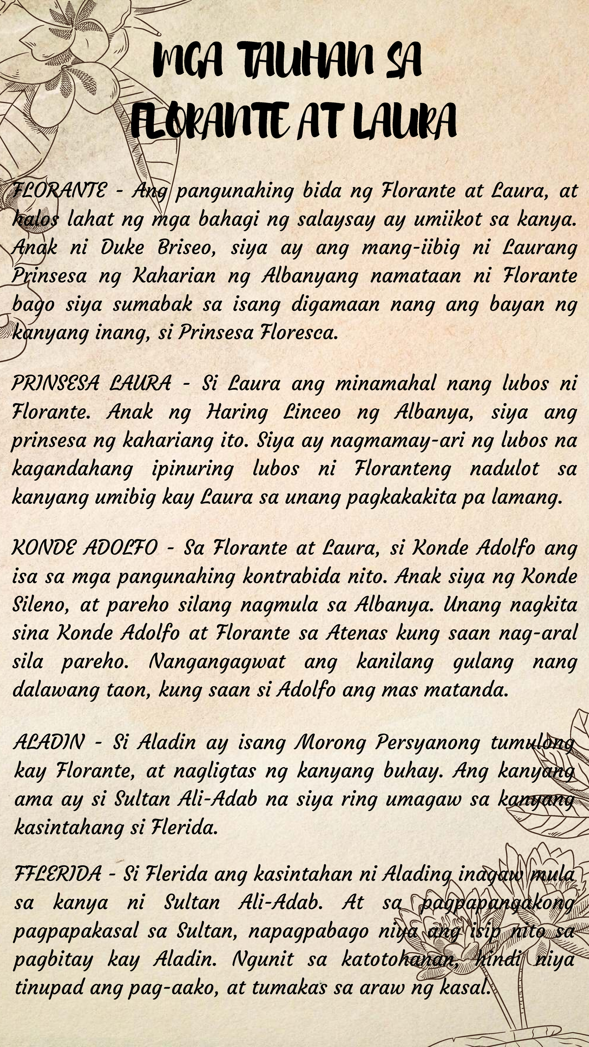 MGA TAUHAN SA FLORANTE AT LAURA: Isang Pagsusuri sa mga Tauhan - Studocu