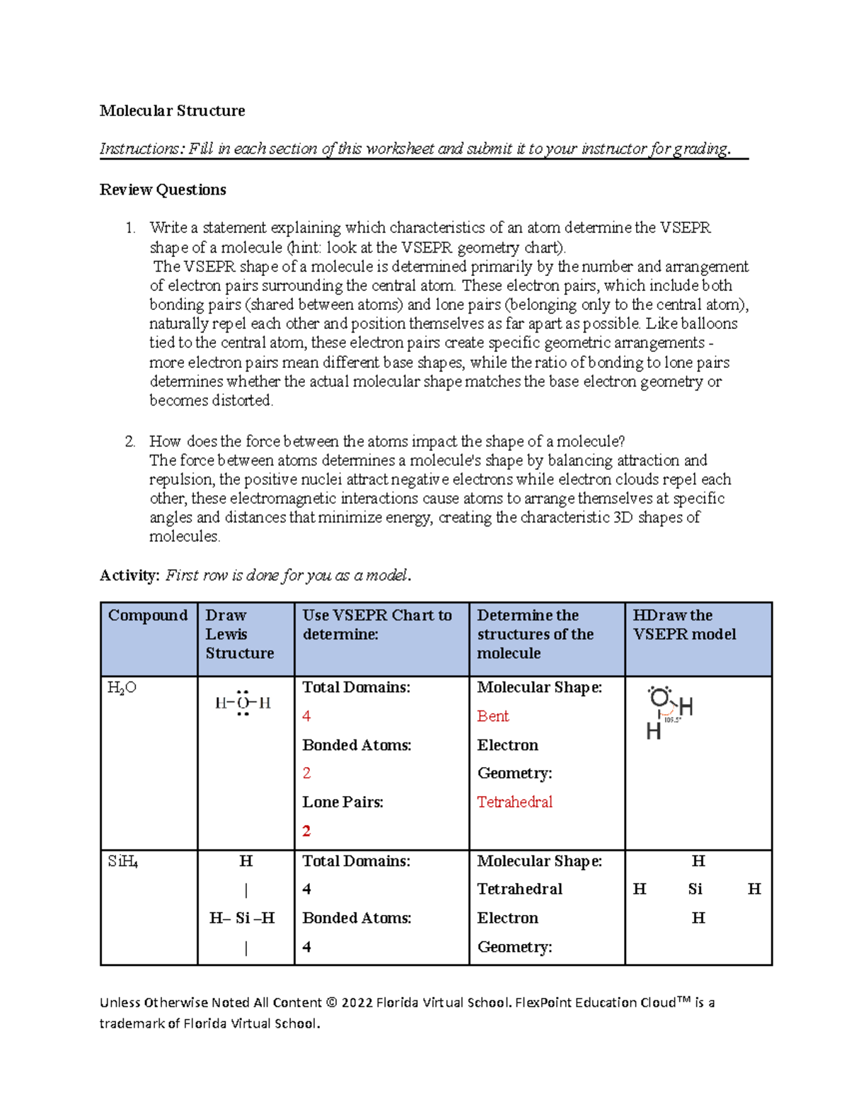 Molecular Structure Worksheet: VSEPR Shapes & Lewis Structures - Studocu