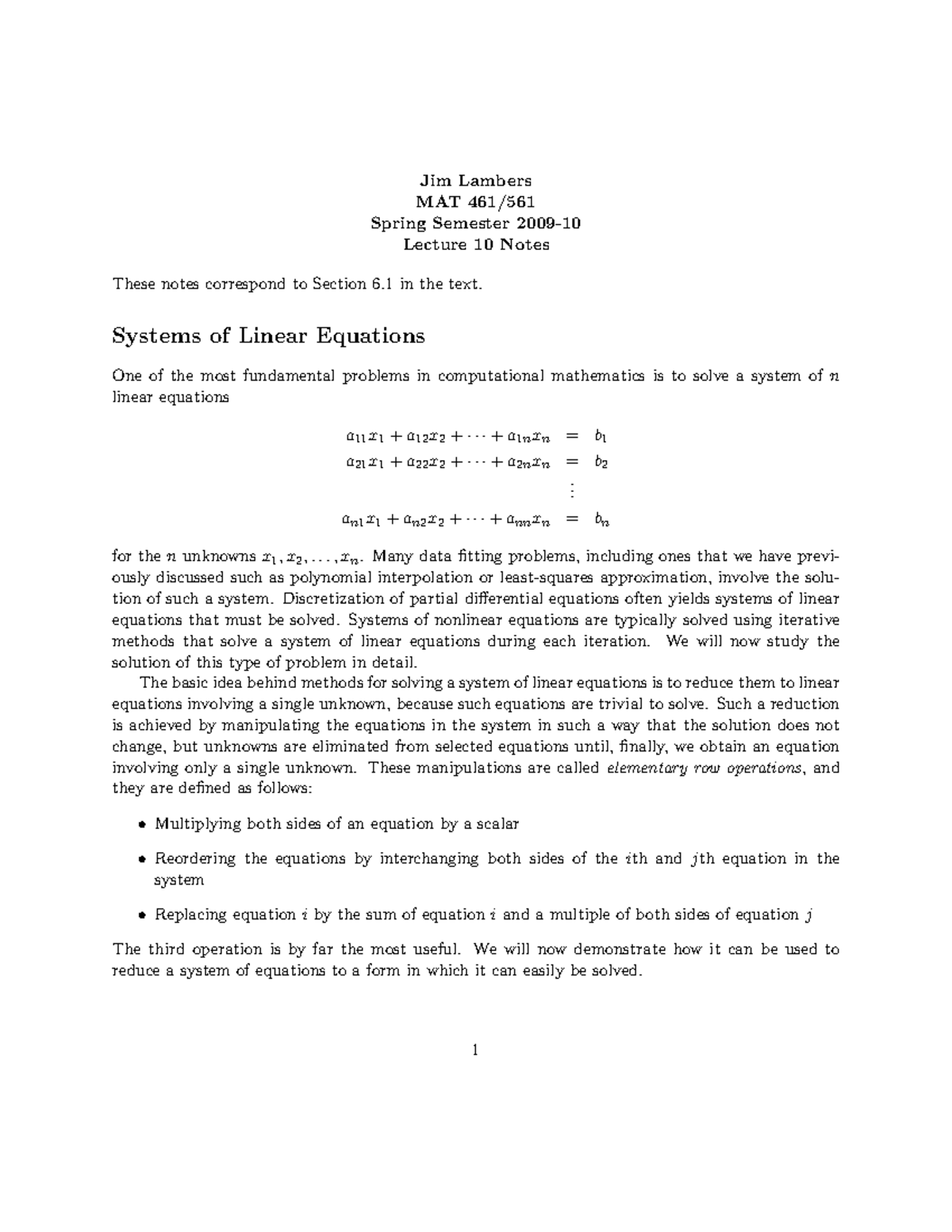 System of linear equation - Jim Lambers MAT 461/ Spring Semester 2009 ...