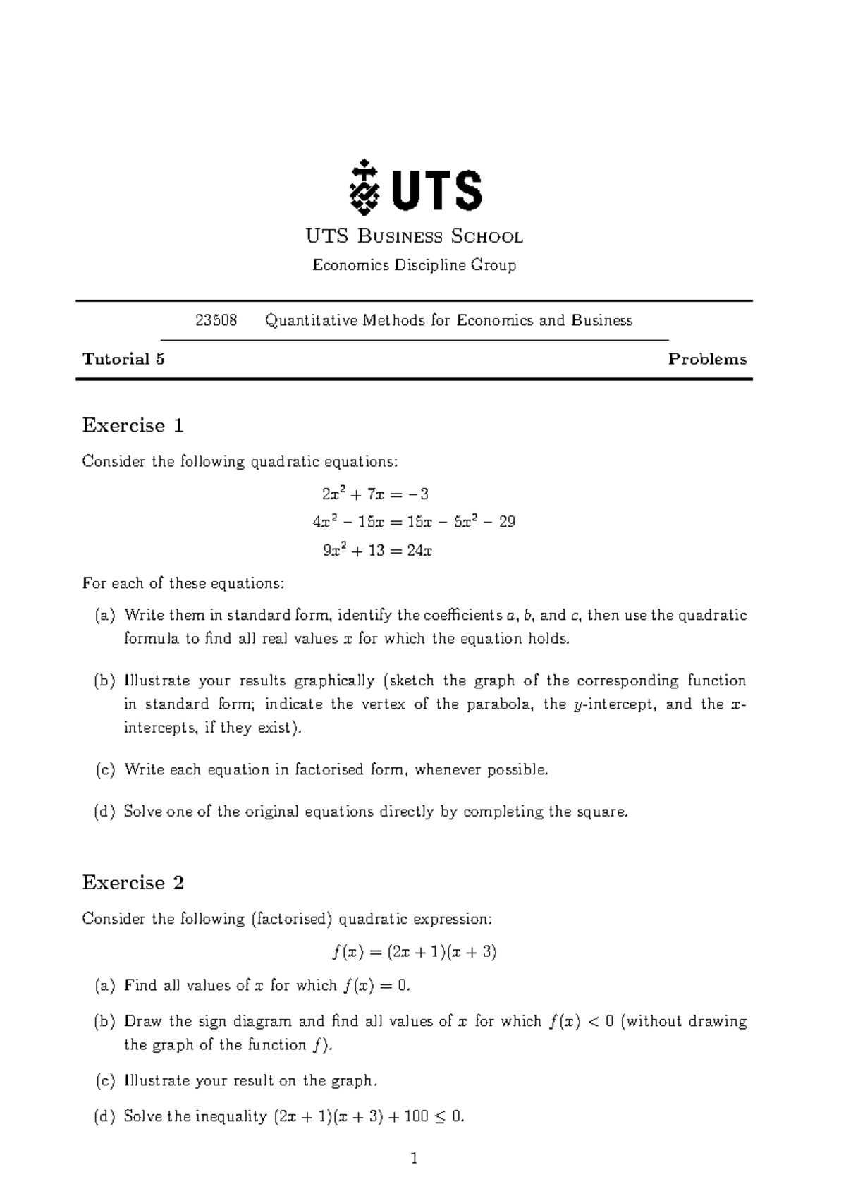 UTS 23508 Quantitative Methods Tutorial 5: Quadratic Equations Exercises - Studocu