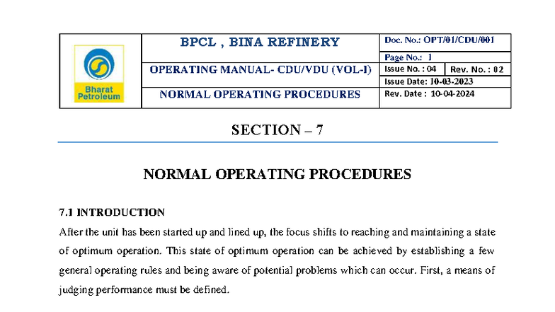 BPCL Bina Refinery Normal Operating Procedures - Section 7 - Studocu