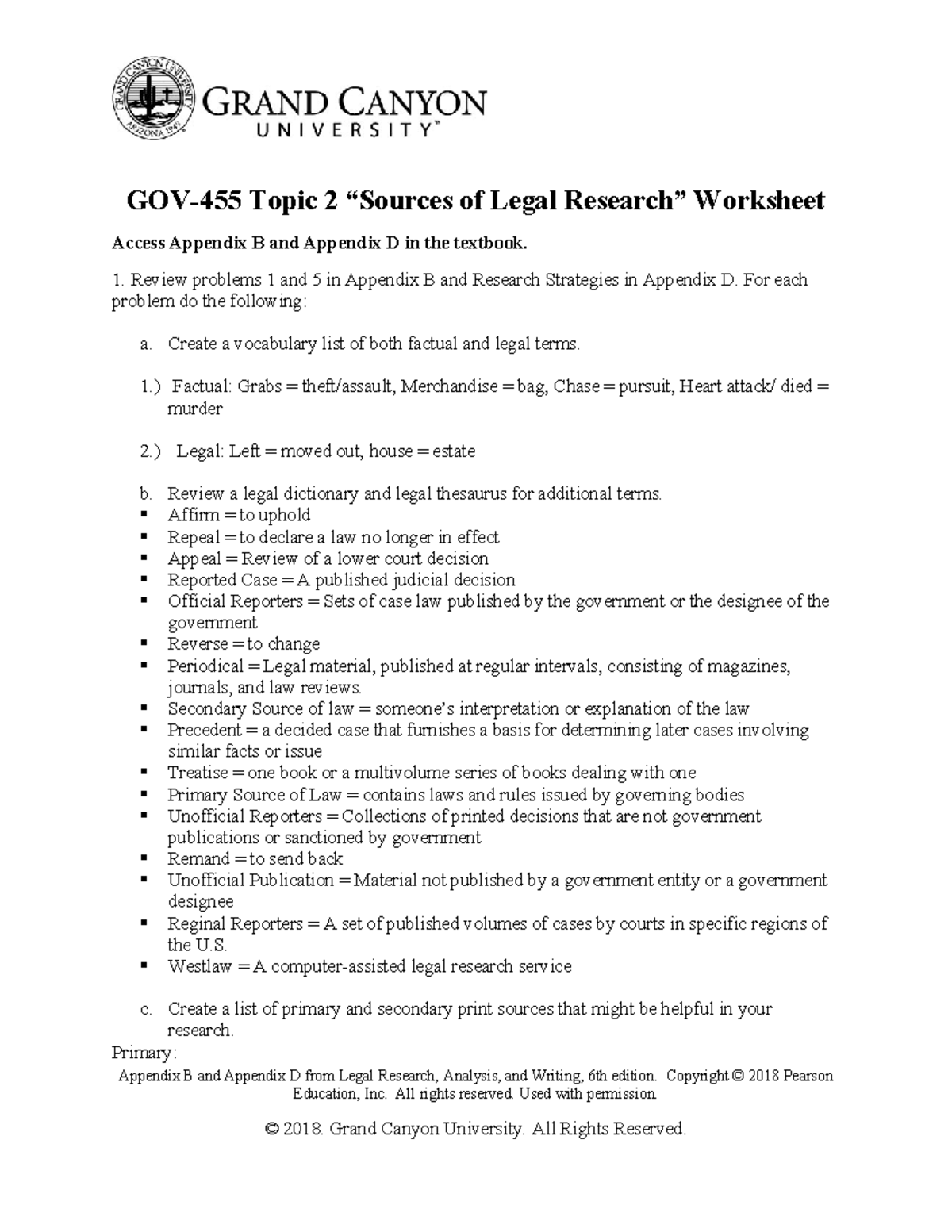GOV-455 Legal Research Sources Worksheet and Vocabulary Analysis - Studocu