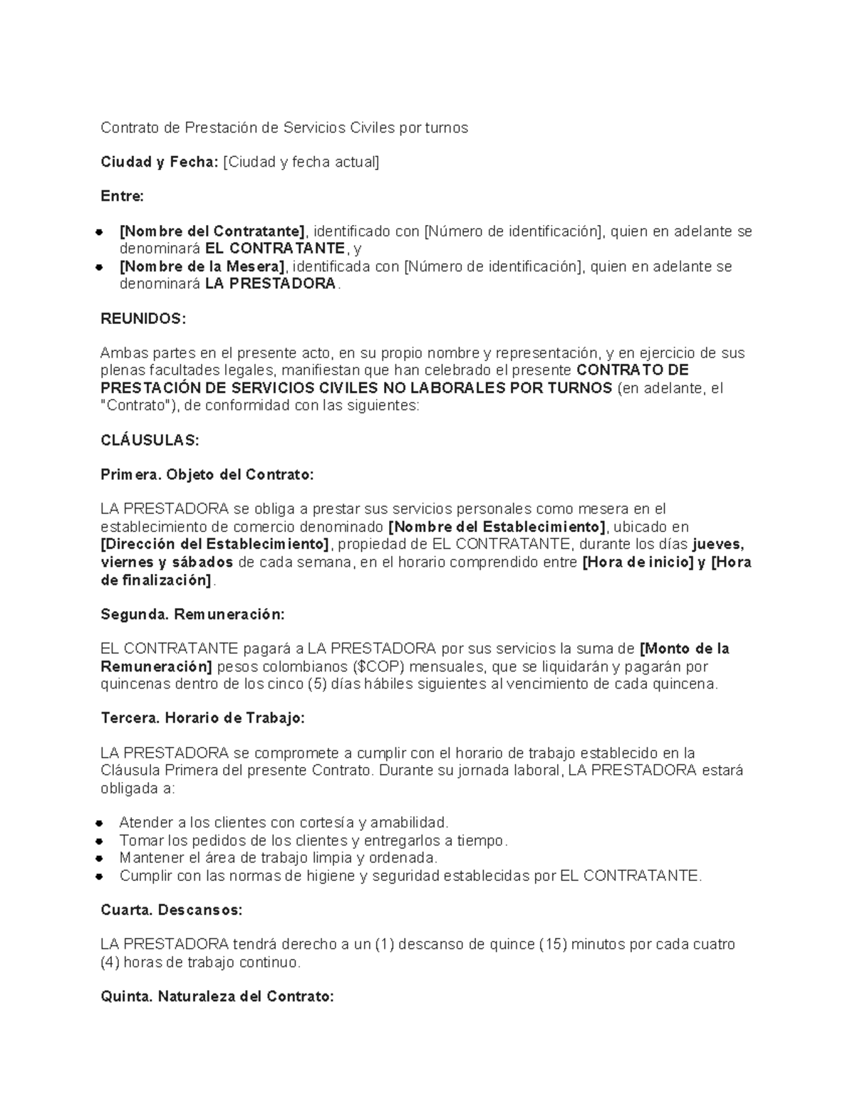 Contrato de Prestación de Servicios Civiles - Mesera por Turnos - Studocu