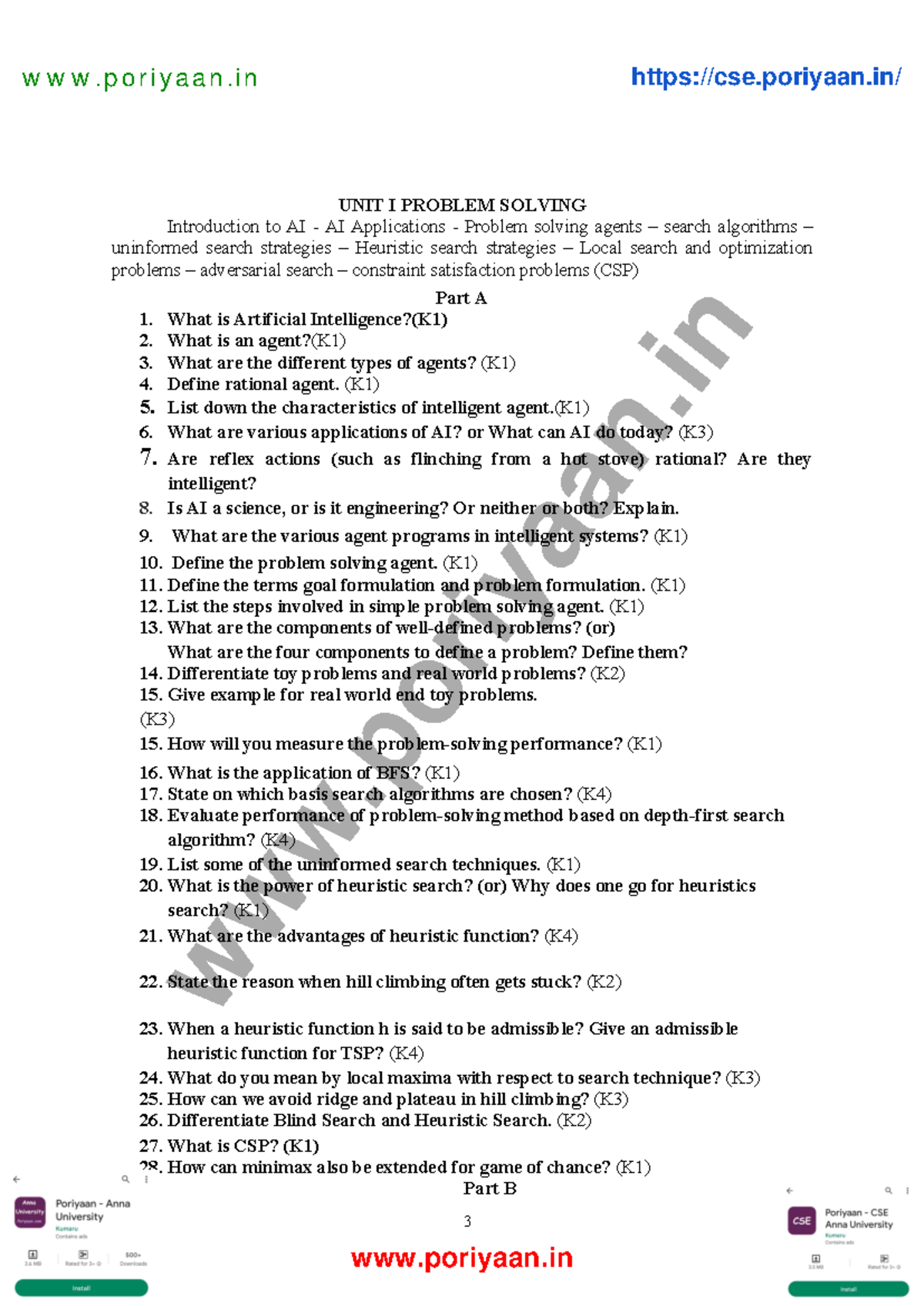 CS3491 AI and ML Important Question Bank - 3 UNIT I PROBLEM SOLVING Introduction to AI - AI ...