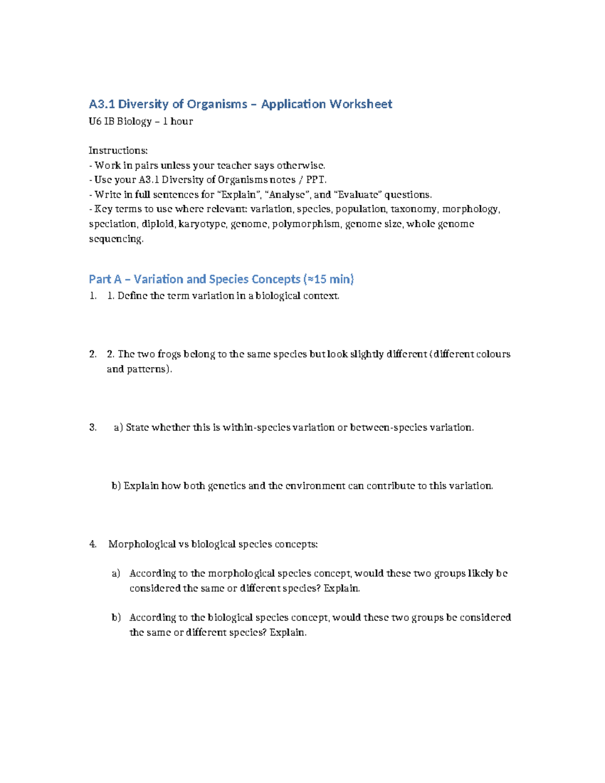 A3.1 Diversity of Organisms Worksheet - IB Biology Classwork - Studocu