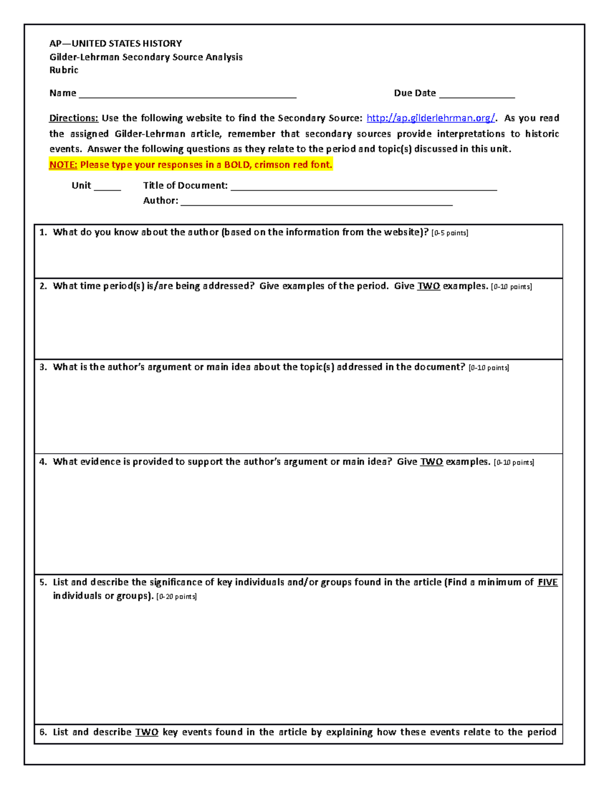 APUSH - Gilder-Lehrman Secondary Source Analysis Worksheet 2 - Studocu