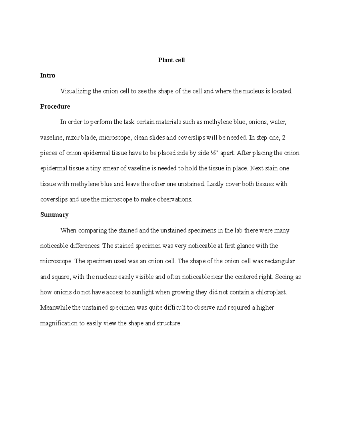 Plant Cells Lab Report - Visualizing Onion Cells Experiment - Studocu