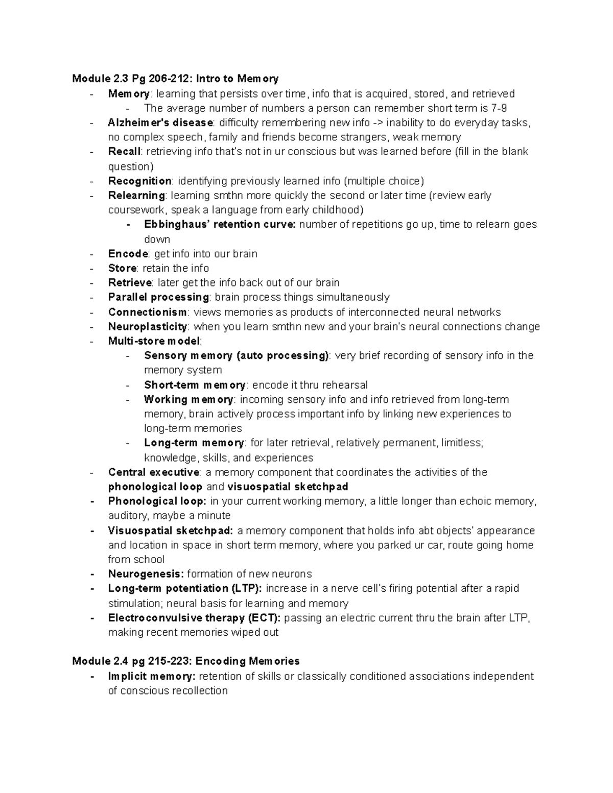 AP Psychology Notes: Memory Processes & Challenges (Modules 2.2-2.7 ...