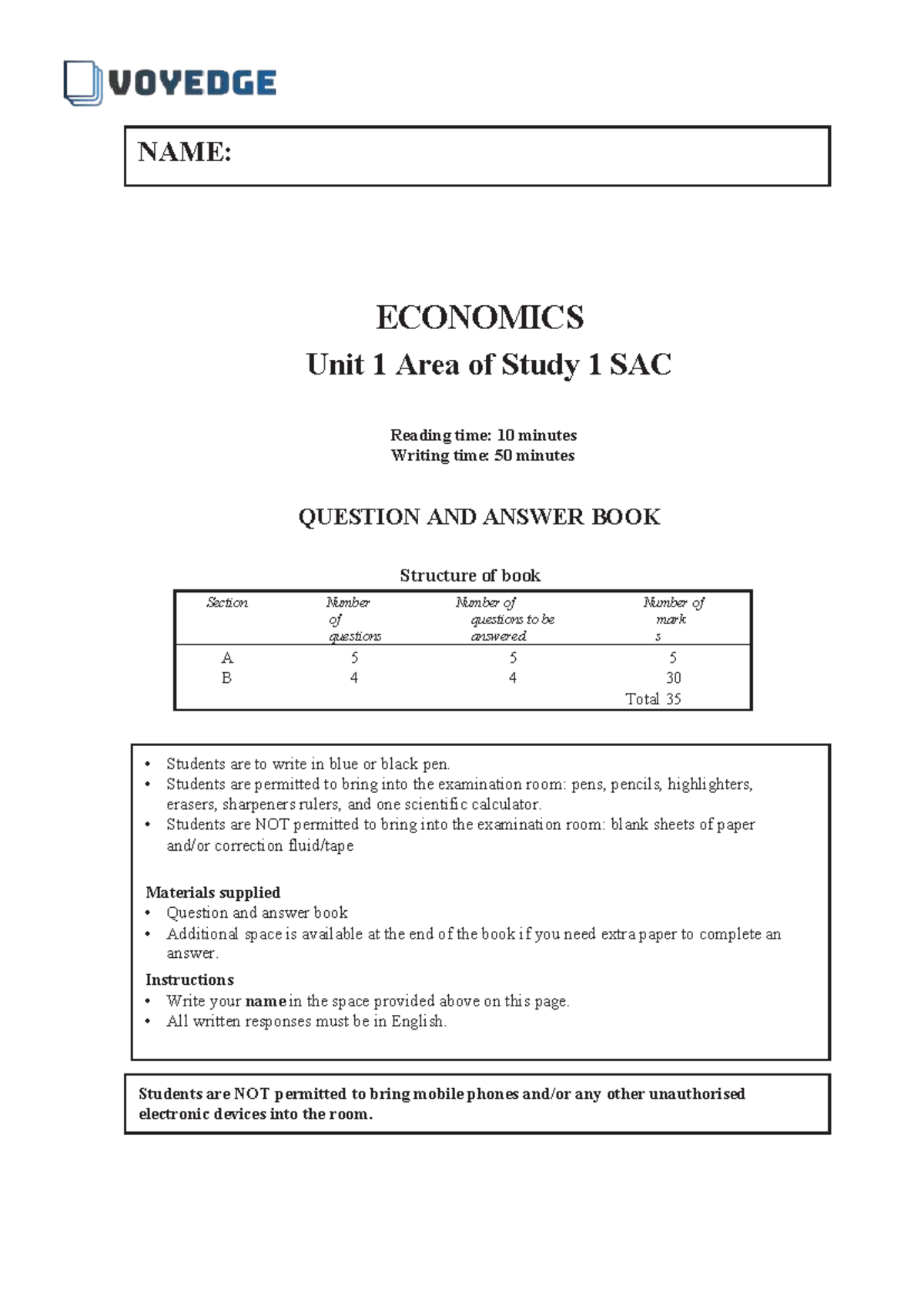 Economics Unit 1 AOS 1 SAC Exam Guide and Instructions - Studocu