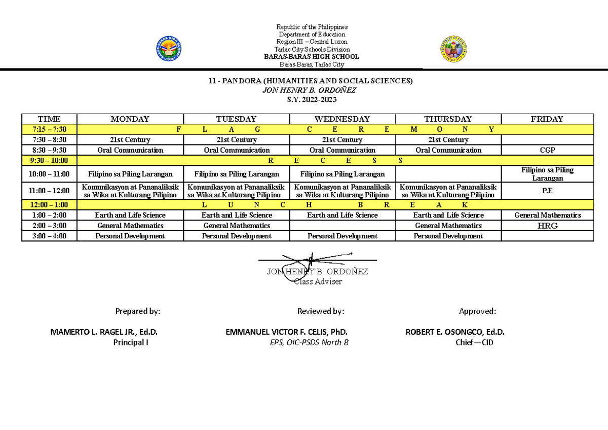 SHS - Class Schedule for Humanities and Technical Vocations 2022-2023 ...