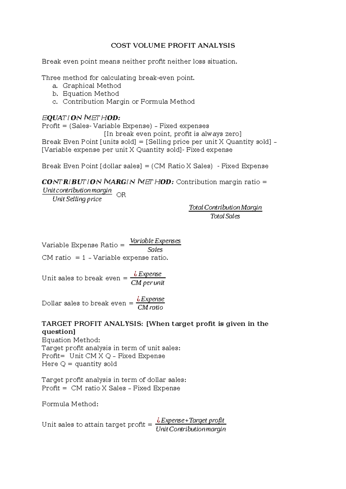 COST 101: Cost Volume Profit Analysis & Break Even Methods - Studocu