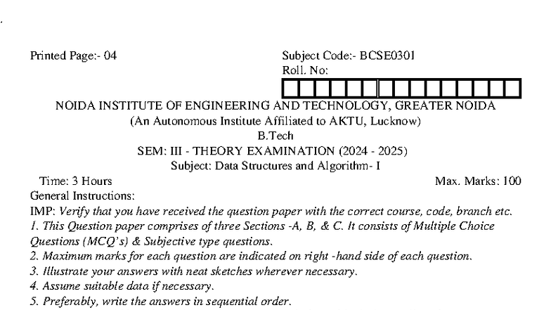 Data Structures and Algorithms (BCSE0301) Theory Exam Paper 2024-2025 ...