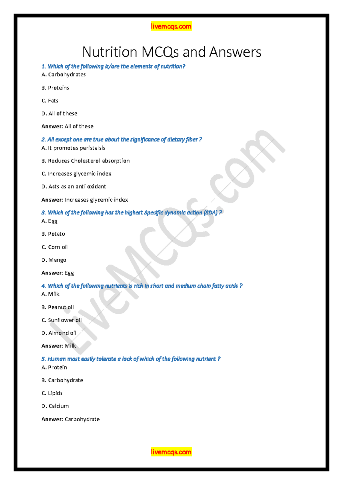 Nutrition MCQs & Answers - Comprehensive Review for Exam Prep - Studocu