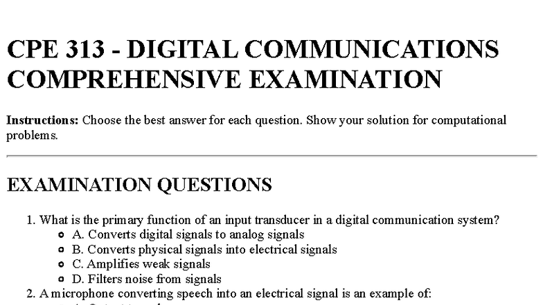 CPE 313 DIGITAL COMMUNICATIONS MOCK EXAM 1 - Studocu