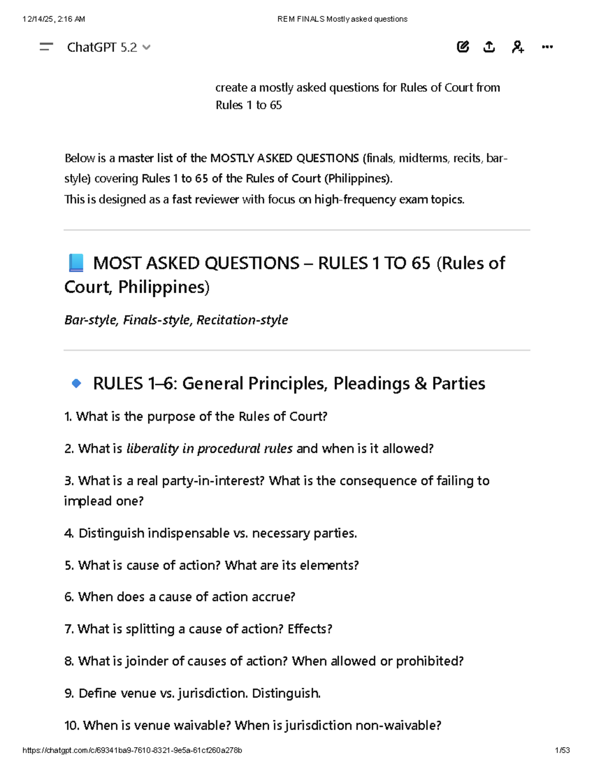 REM 2:16 AM Finals: Most Asked Questions on Rules of Court (1-65) - Studocu