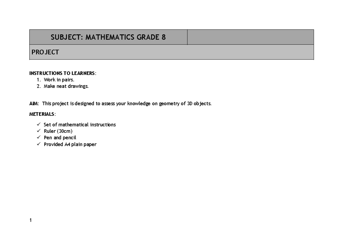 Gr 8 Math Project: Geometry of 3D Objects Instructions - Studocu