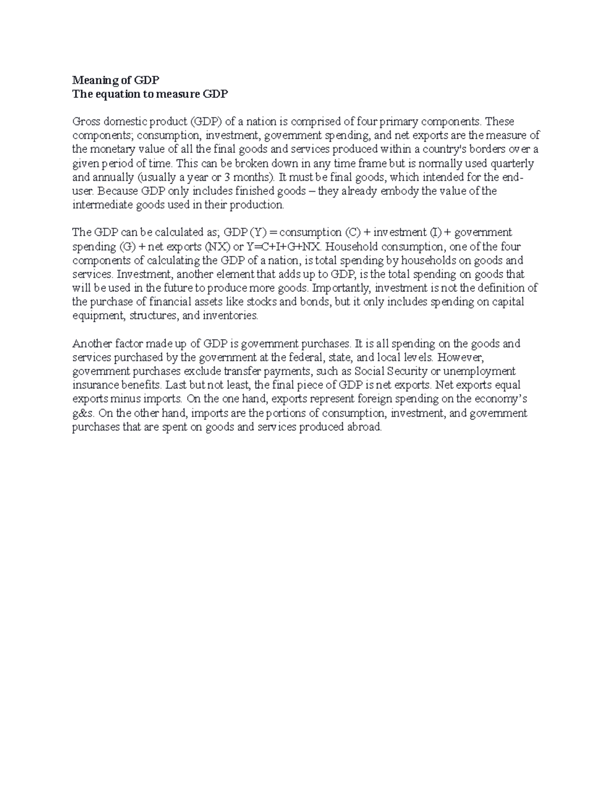 Assignment 1. Meaning of GDP - Meaning of GDP The equation to measure ...