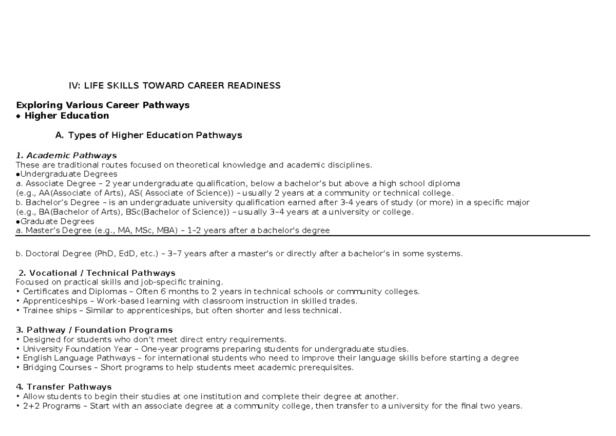 Q4-WEEK-1: Life Skills for Career Readiness and Higher Education ...