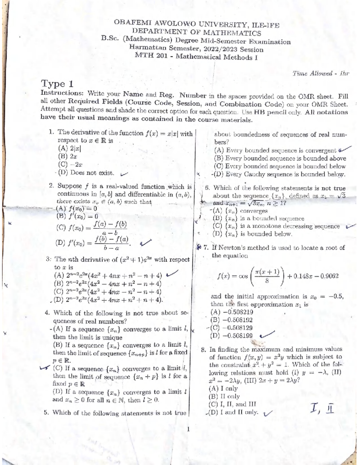 MTH 201 - Mathematical Methods I Practice Questions and Solutions - Studocu